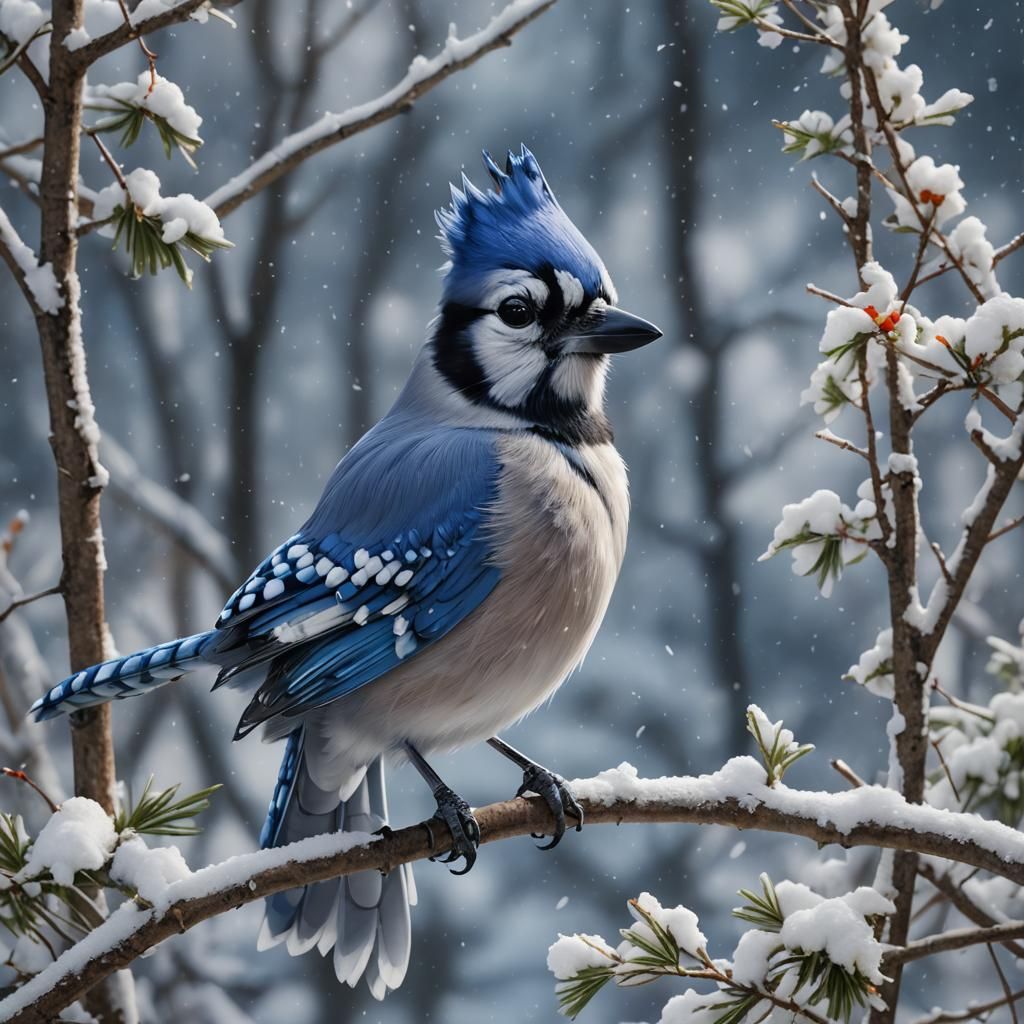 fluffy blue jay in snow fur all puffy - AI Generated Artwork ...