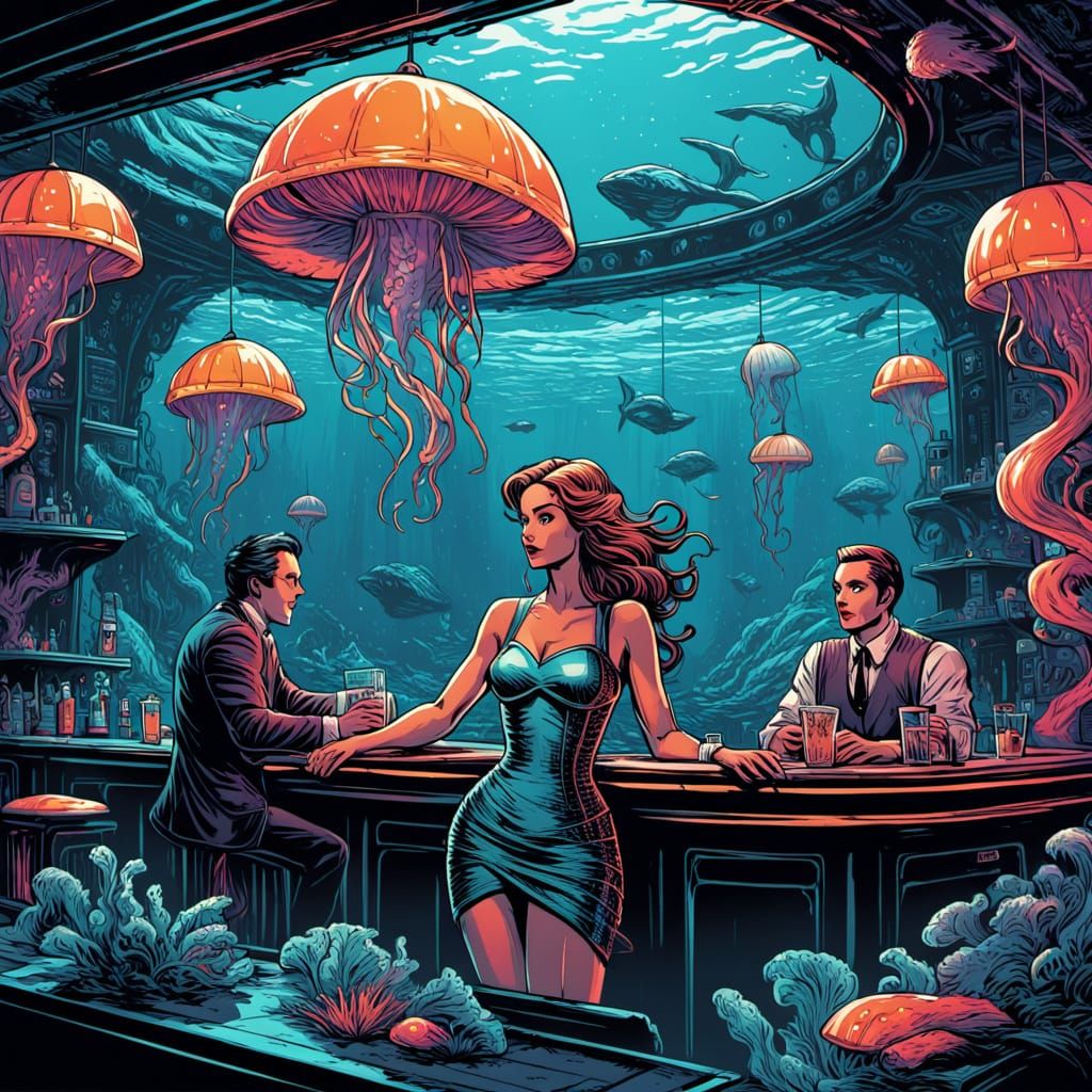 Retro-Futuristic Mermaid Dive Bar in Neon Noir Sty... - AI Art