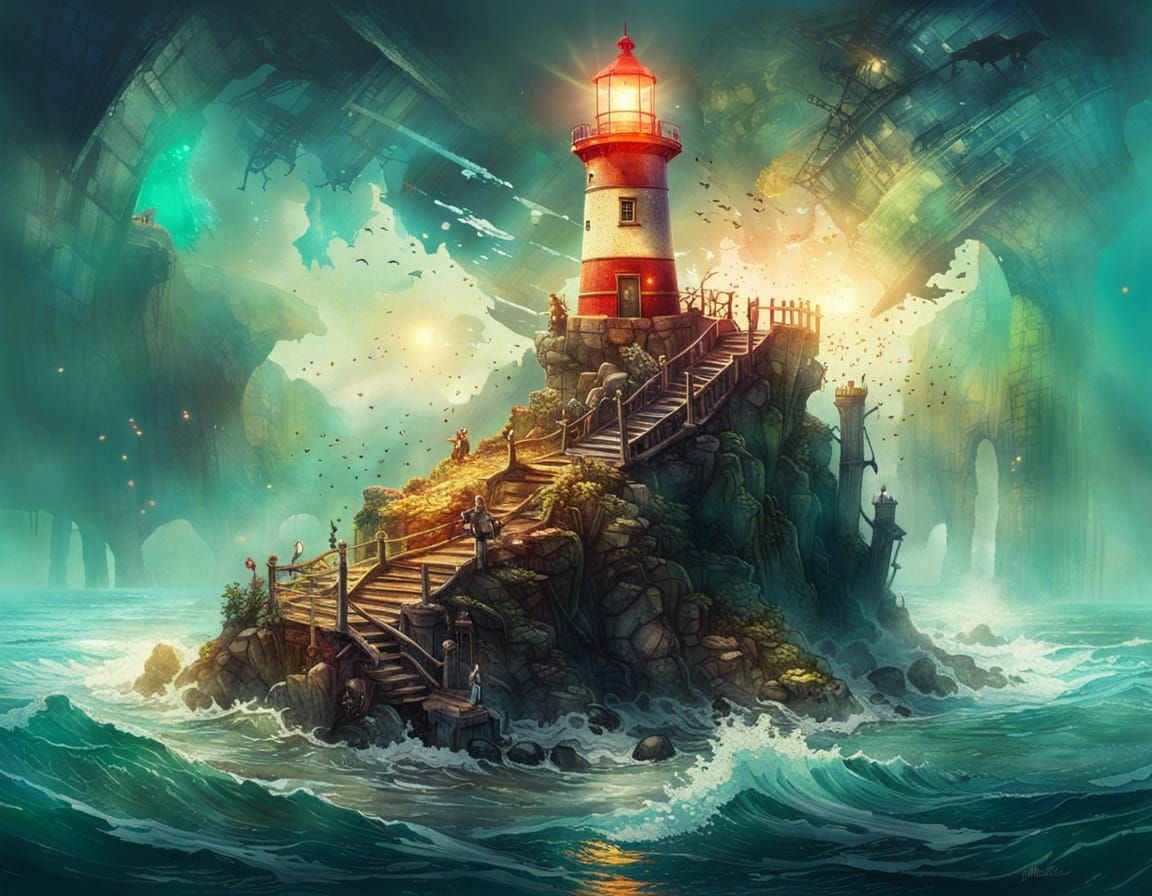 Miniature lighthouse beaming light down into the sea panorama, A ...