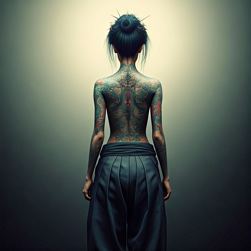 Backside of a tattooed, ethereal, Japanese samurai goddess. Her back ...