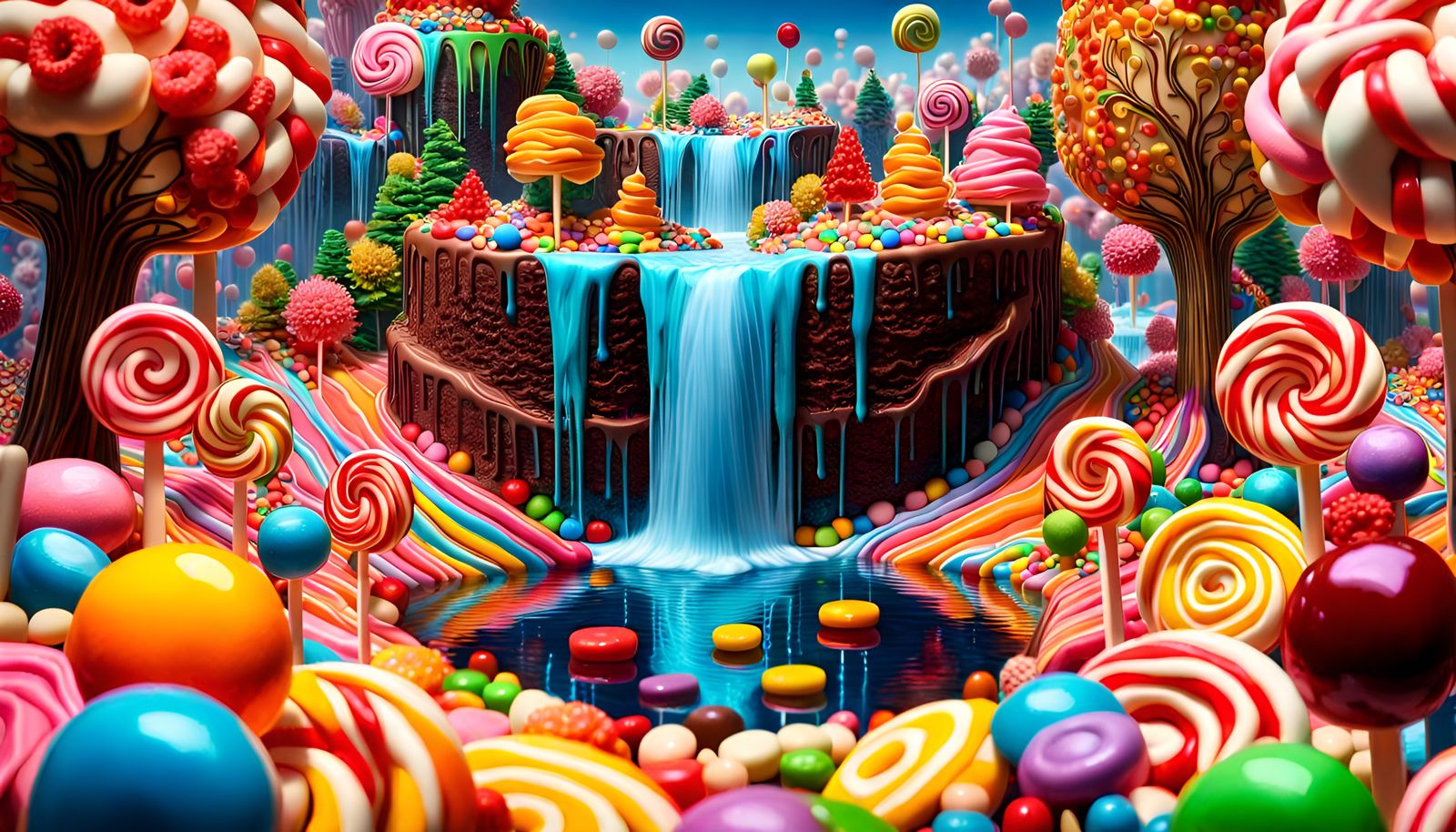 The famous chocolate-mountain and fizzy waterfall in Candyland - AI ...