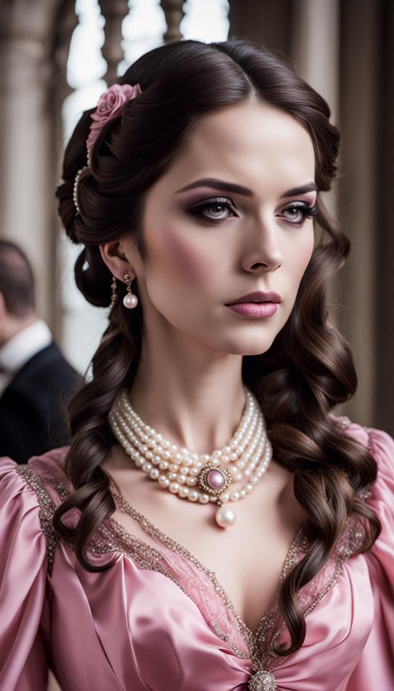 Beautiful Woman Long Haired Brunette Tied Backin A Pink Flowing Gothic Gown Wearing Pearl