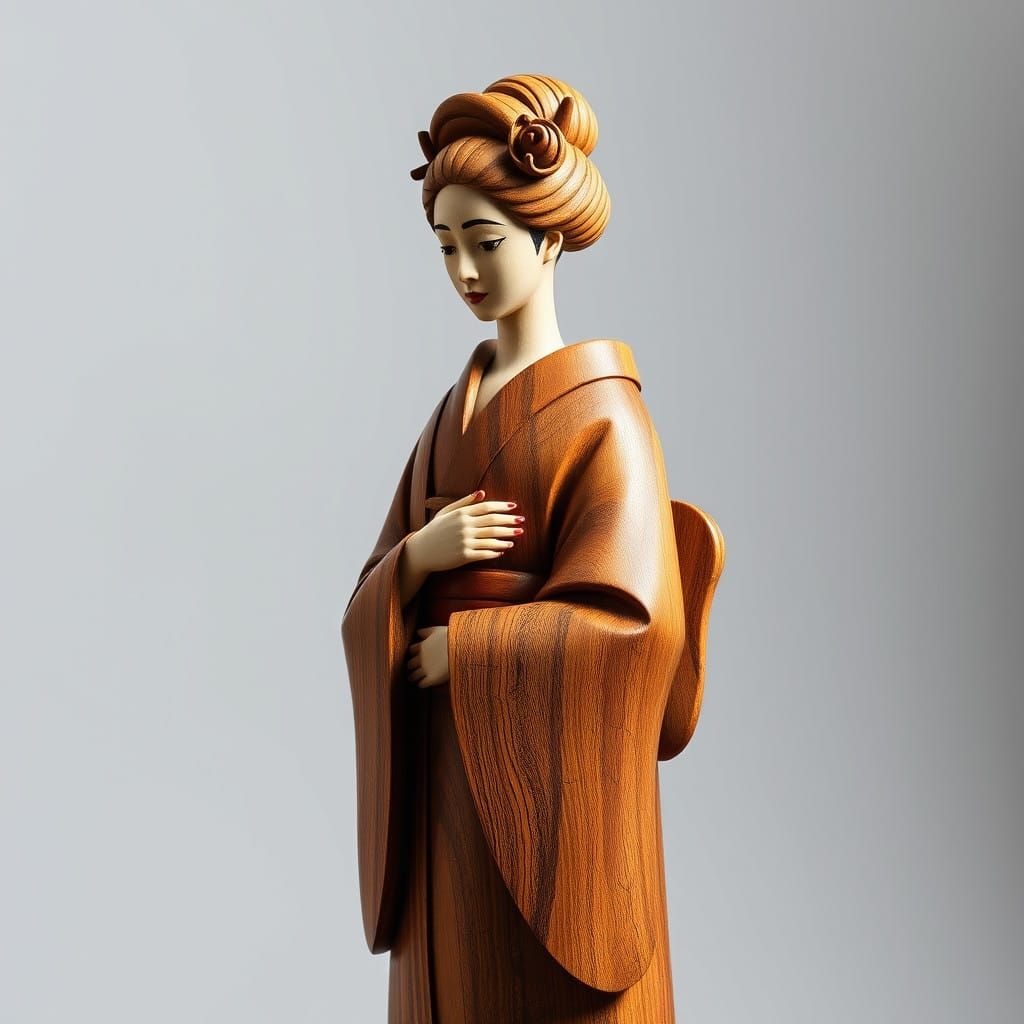 Wooden Geisha Statue in Minimalist Realism Style - AI Art