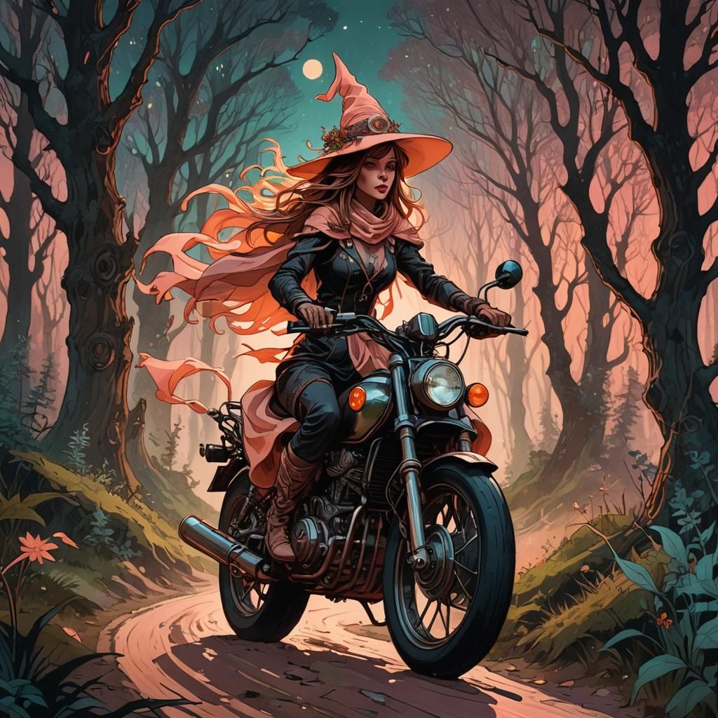 Witch riding a motorbike - AI Generated Artwork - NightCafe Creator