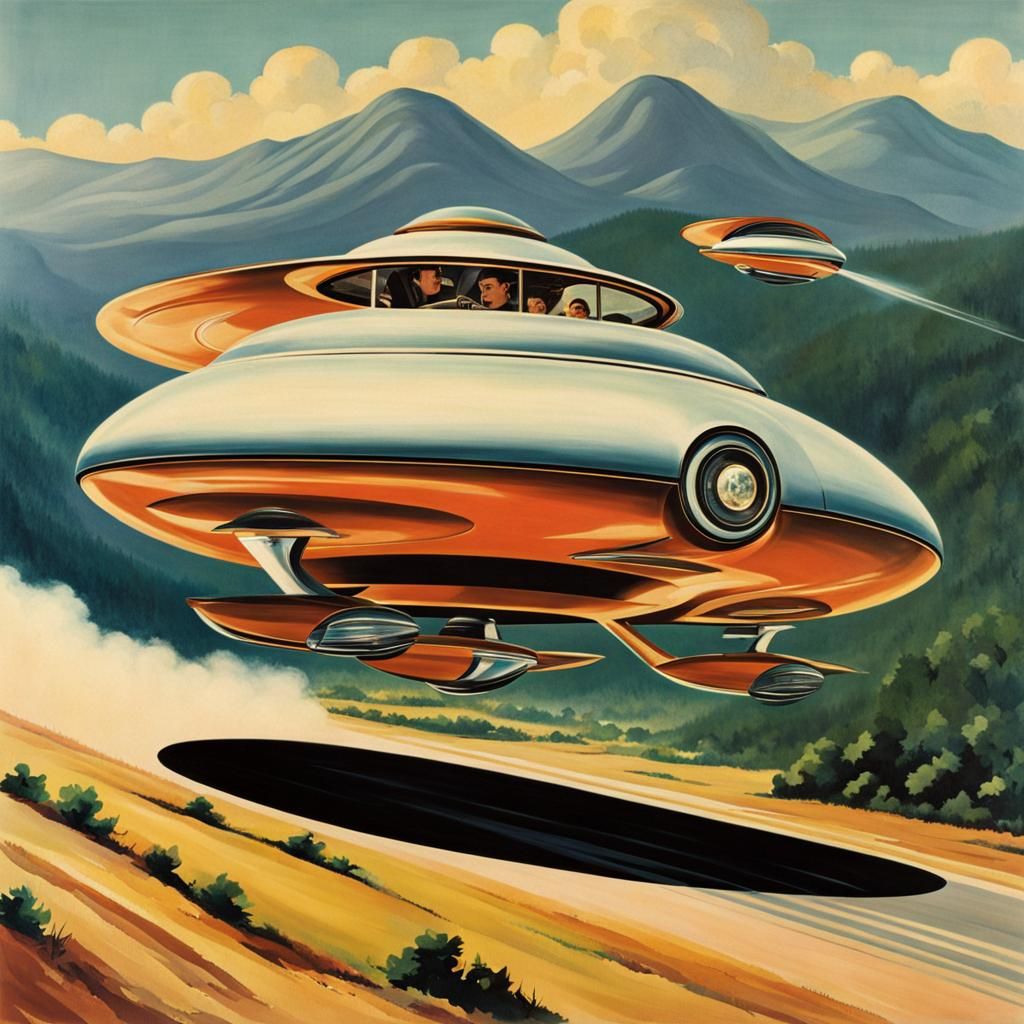 Early 1950s, Late 1960s Retro-Futuristic UFO styled flying car - AI ...