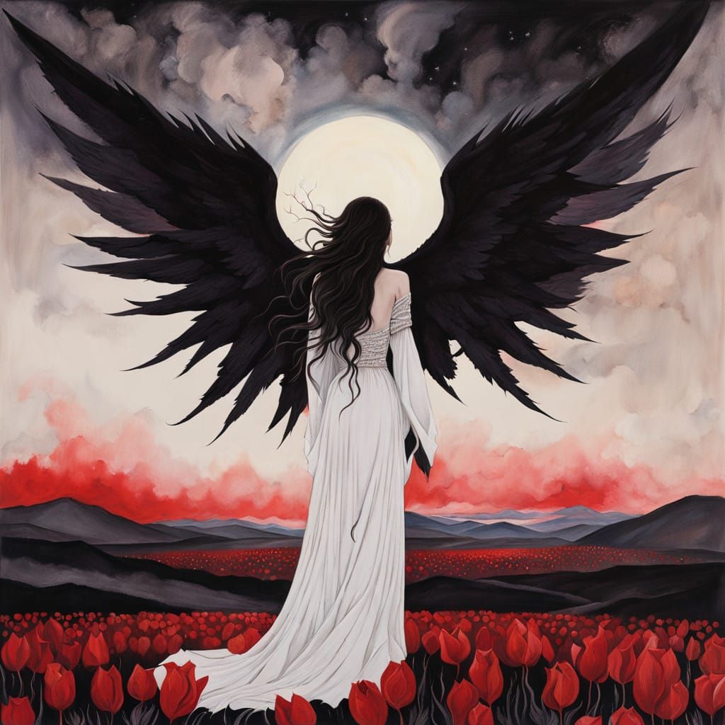 (fallen angel smoking a cigarette, drooping white wings tattered and ...