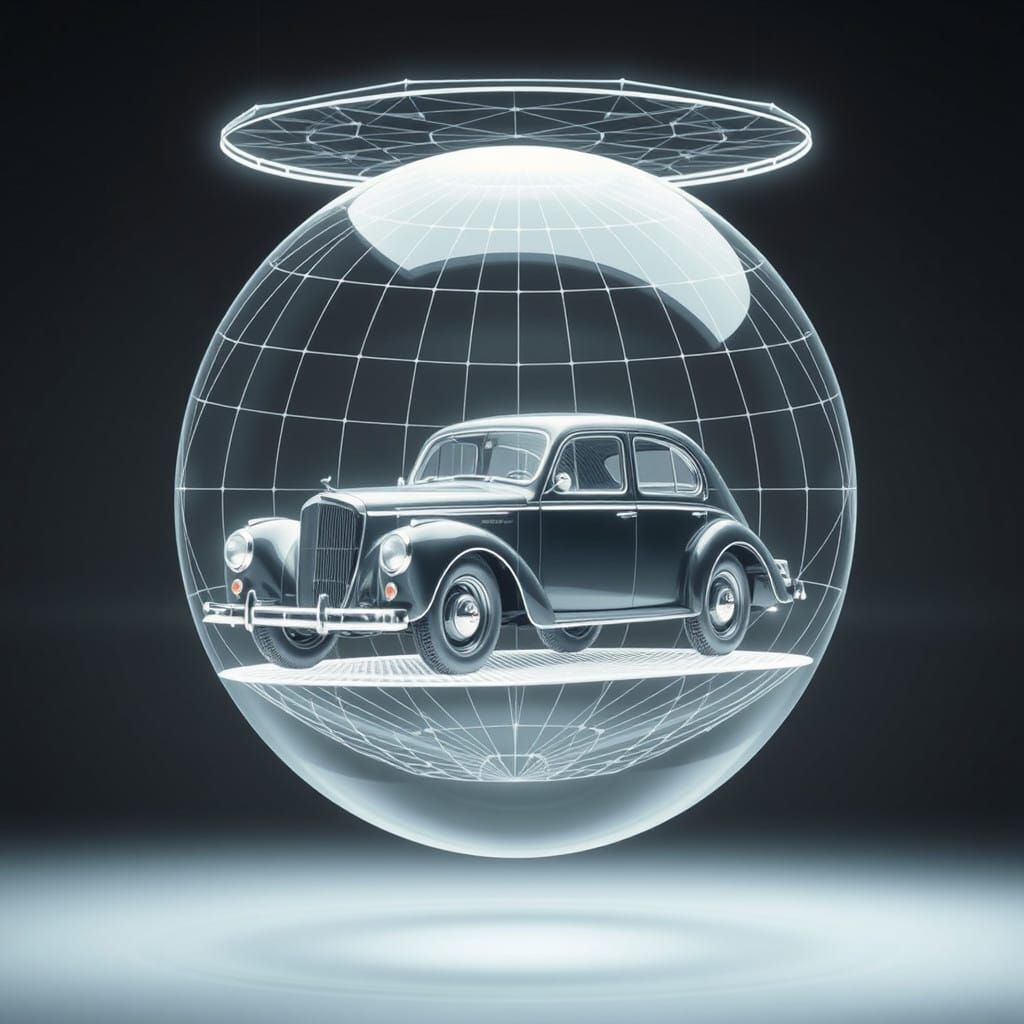 Vintage Car in a Cyberpunk Holographic Sphere - AI Art