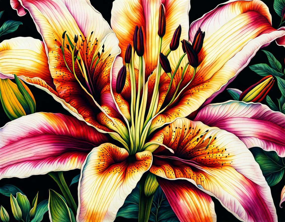 lily botanical ink drawing, 8k resolution holographic hyperdetailed ink ...