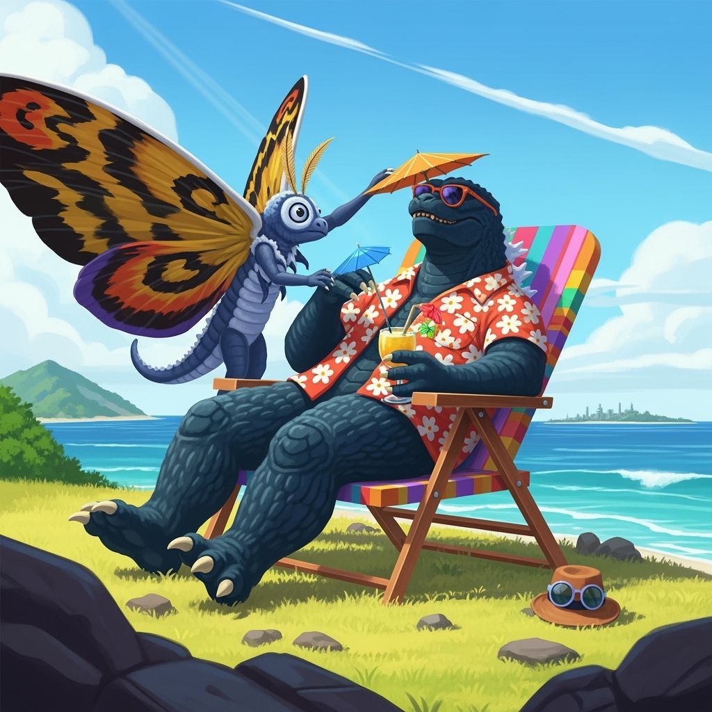 Godzilla beach - Godzilla's Beach Vacation in a Sci-Fi Style