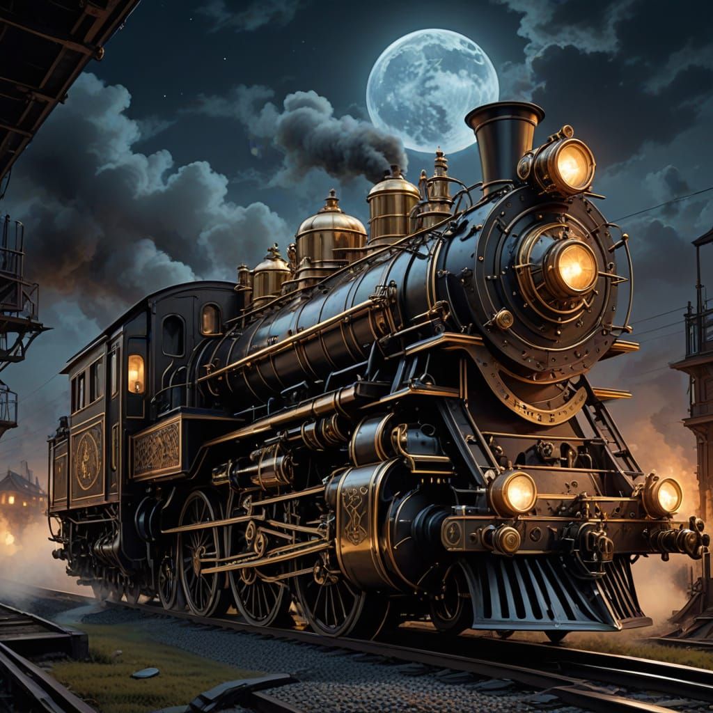 Majestic Steampunk Locomotive Under Full Moon Nigh... - AI Art