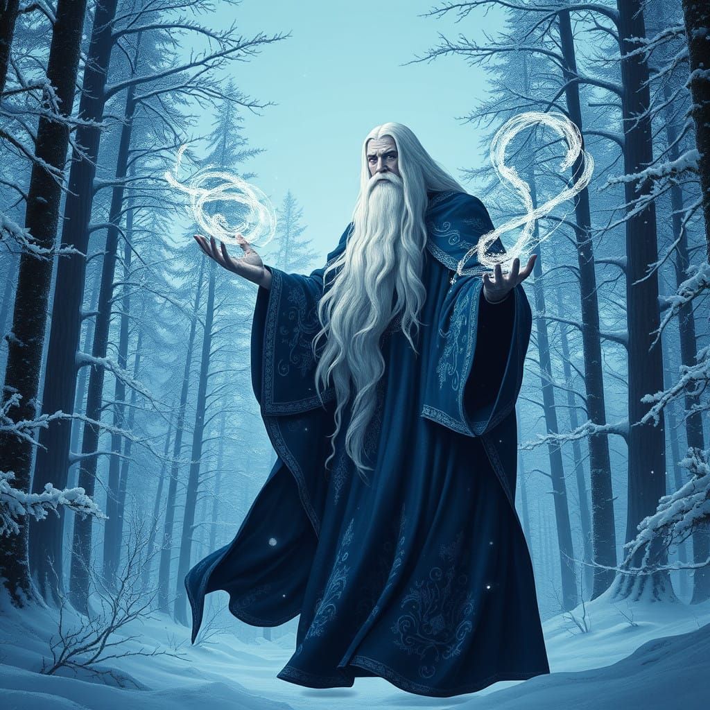 Mystical Wizard Weaves Snow Magic in Serene Forest... - AI Art