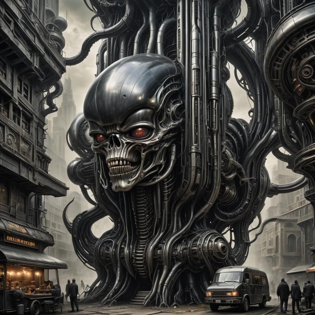 16k resolution, art by H.R. Giger, bio-mechanical food truck, alien ...