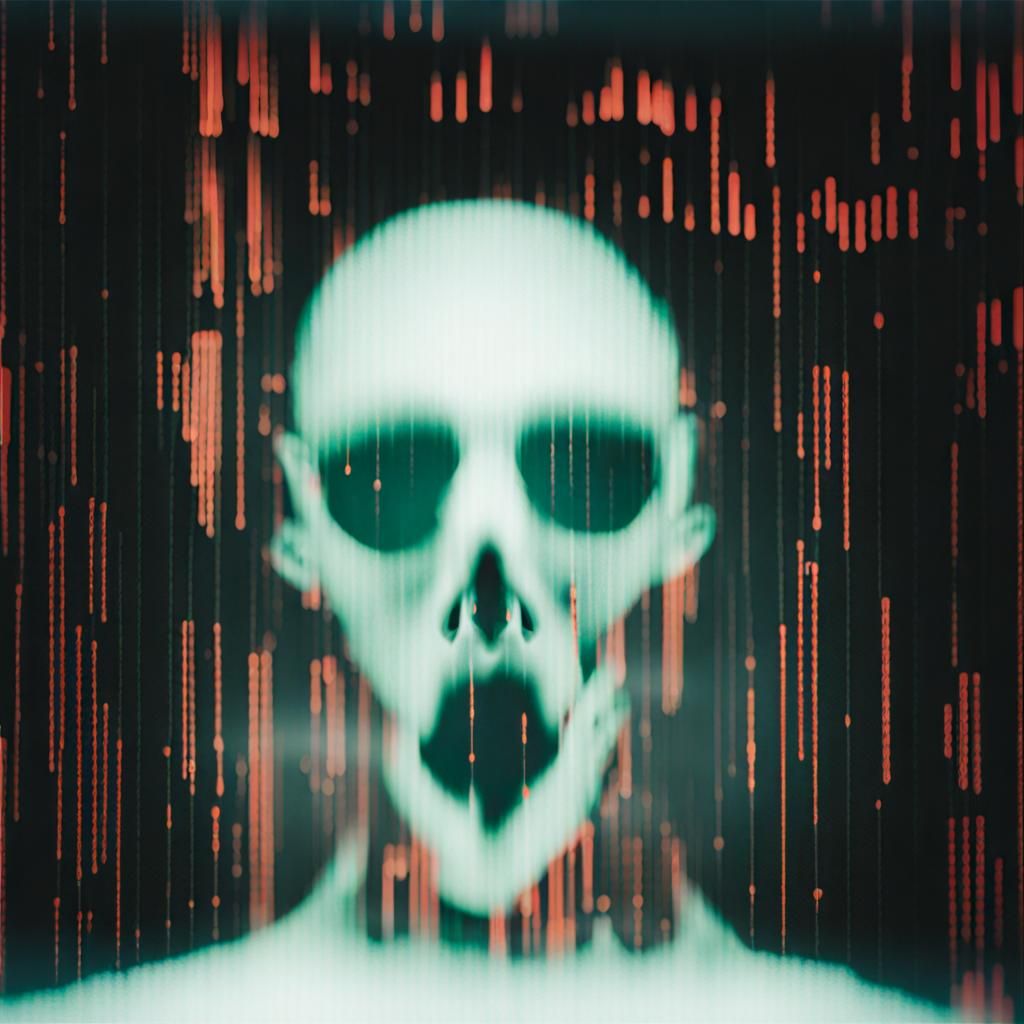 Ghost emerging from computer screen, glitches white noise code Kodak ...