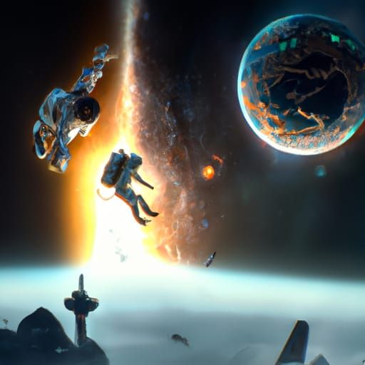 Artistic Man Doing A Backflip On a Moon With A Spaceship In The ...