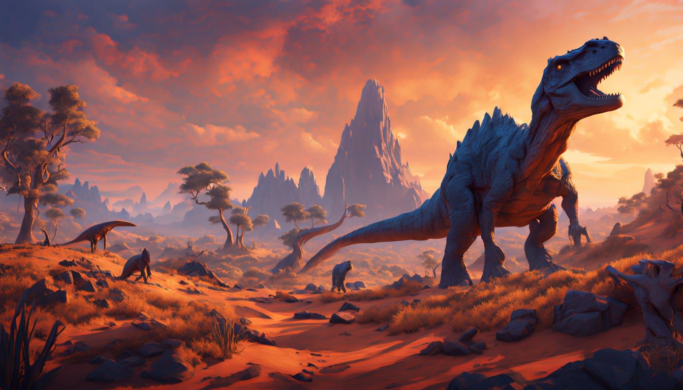 Dinosaurs in a Fiery Apocalypse, Epic Fantasy Art - AI Art