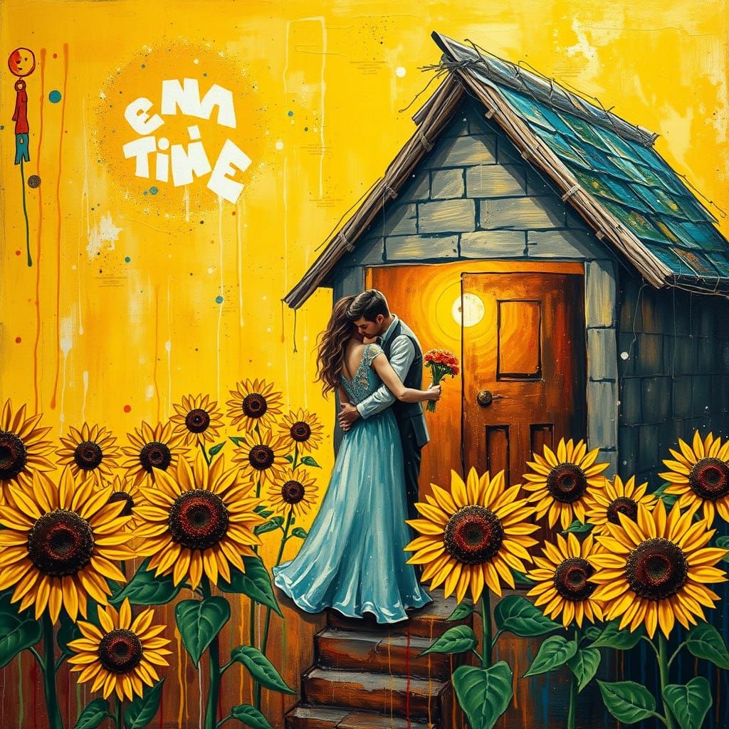 Romantic Couple in Whimsical Hut with Sunflowers, ... - AI Art