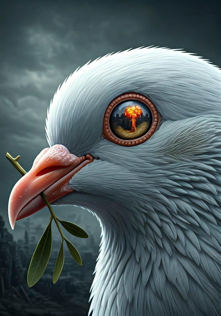 Dove's Haunted Gaze: Nuclear Ruins in Reflection - AI Art