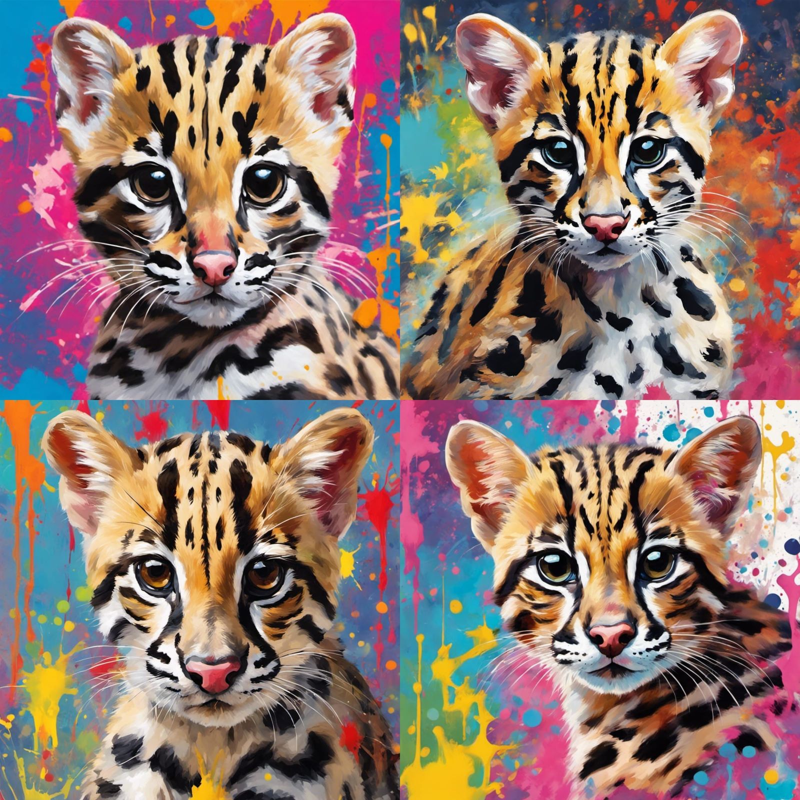 cute ocelot, bright paint splatter background, oil painting - AI ...