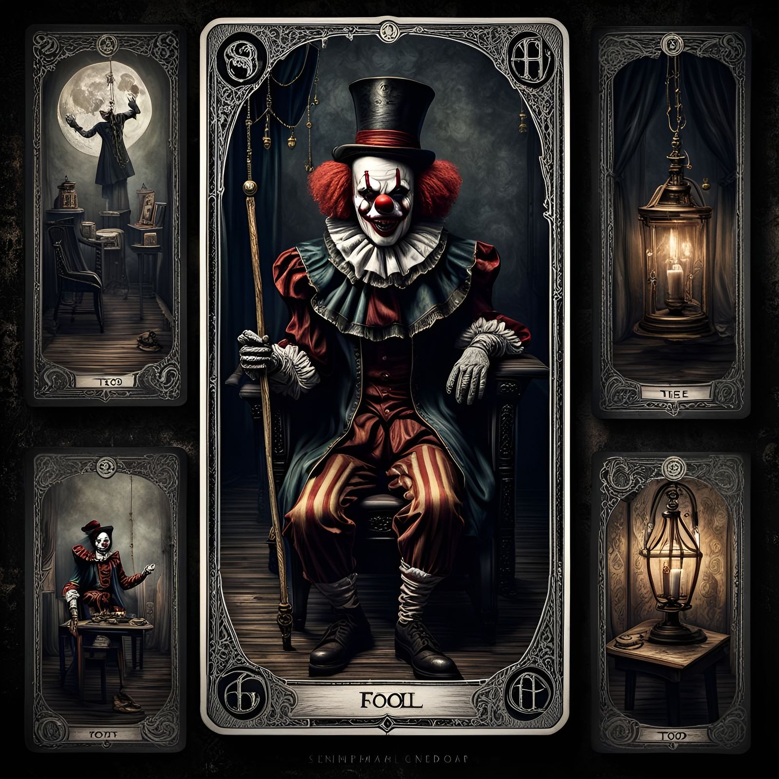 Creep clown tarot card deck. Cards with intricate gothic design - AI ...