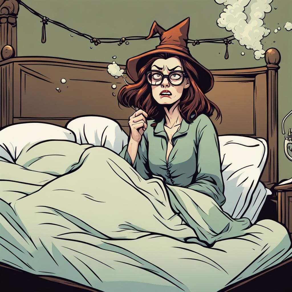 witch with glasses and brown hair sick in bed coughing sneezing dying ...