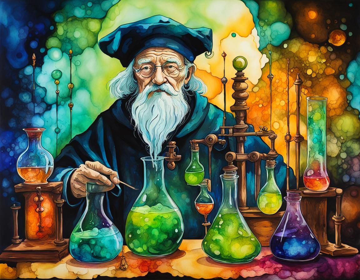 Alcohol inks, an elderly medieval alchemist surrounded by ...