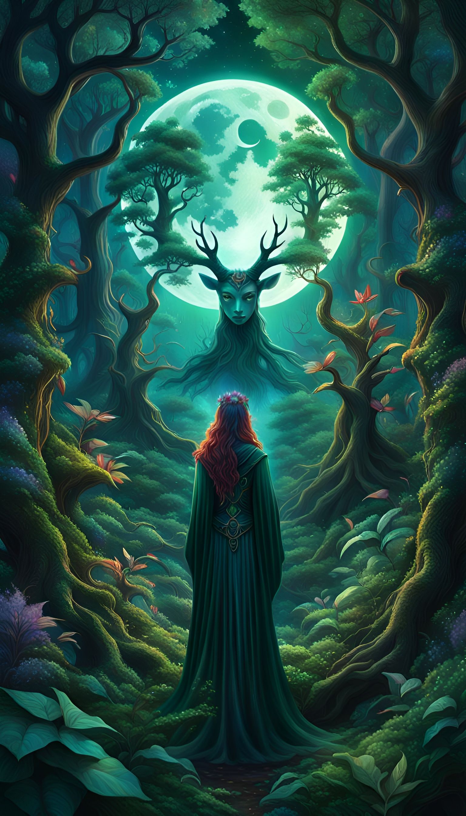 In a mystical forest, a Wiccan stands amidst enchanted trees and plants ...