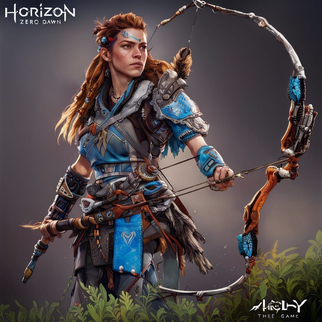 horizon Zero Dawn the game , Aloy holding bow , Hyperrealistic, splash ...
