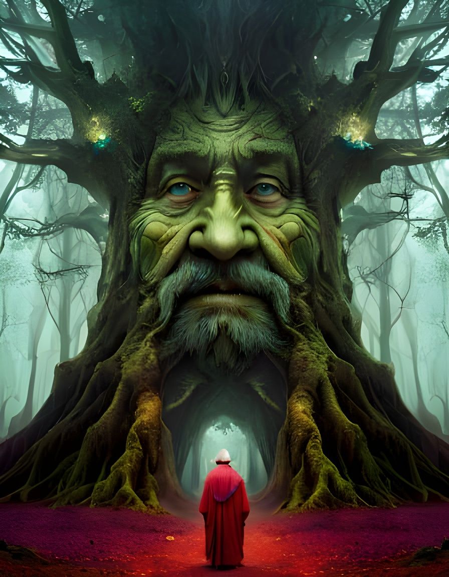 "centered ancient tree with face of old man in magic forest, tree with ...