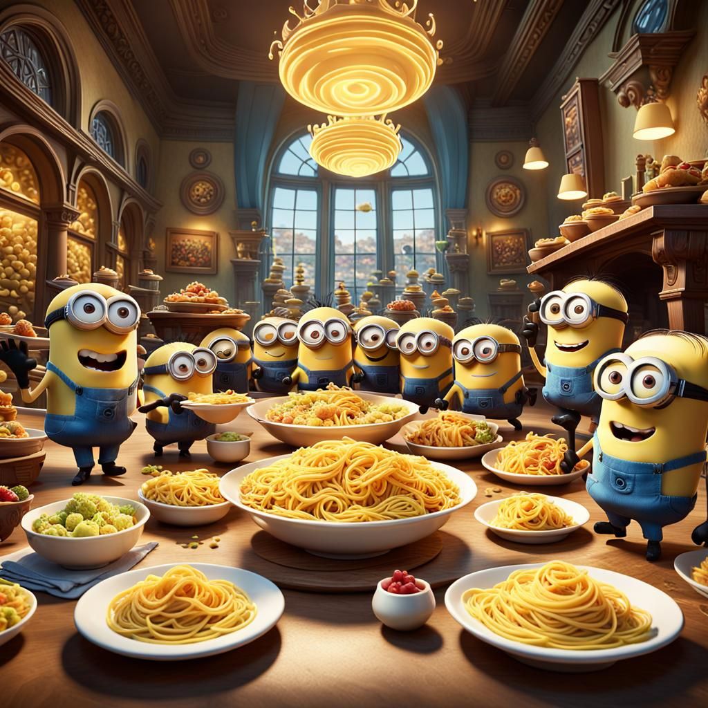 group of minions characters , engaging in a lively pasta feast - AI ...
