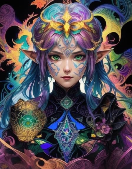Hyper detailed cubist psychedelic artwork of elf as a charming villain ...