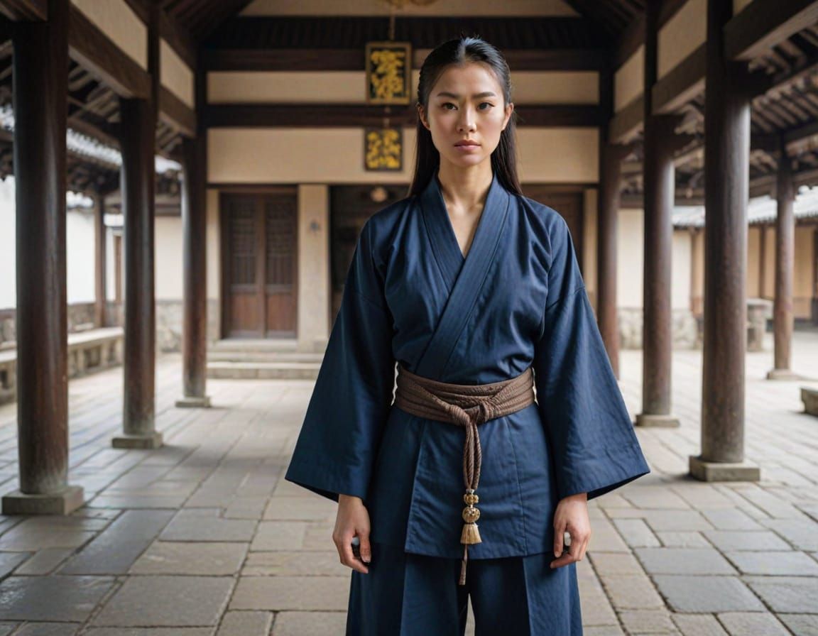 Young tall Japanese samurai female, with long straight black hair tied ...
