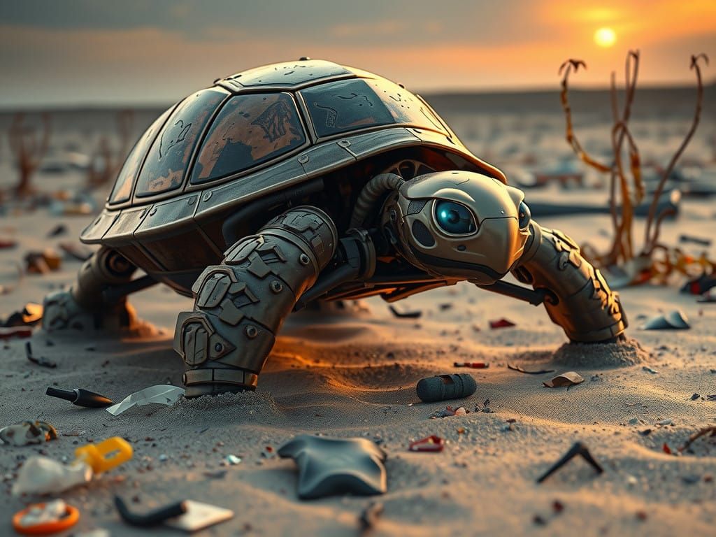 A mechanical turtle walking through a litter filled beach Low Vantage ...