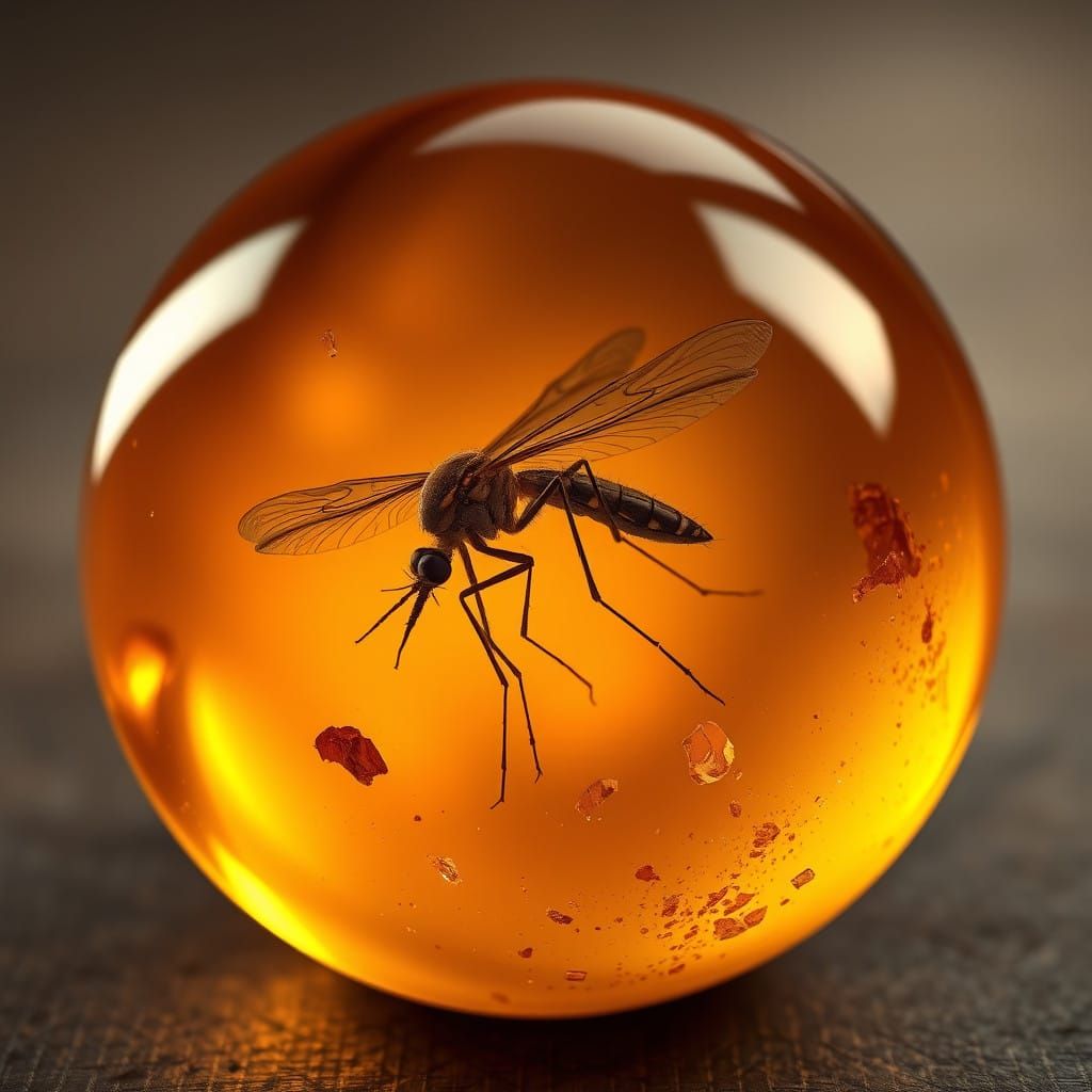 Mosquito in Amber - Golden Amber Sphere with Preserved Mosqu...