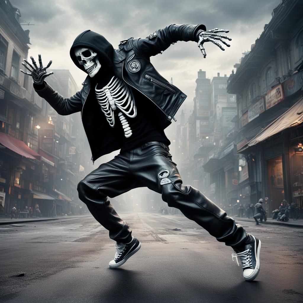 skeleton break dancing in a leather jacket - AI Generated Artwork ...