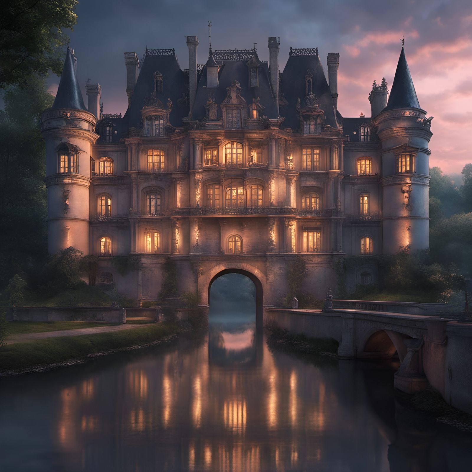 French Chateau with bridge - AI Generated Artwork - NightCafe Creator