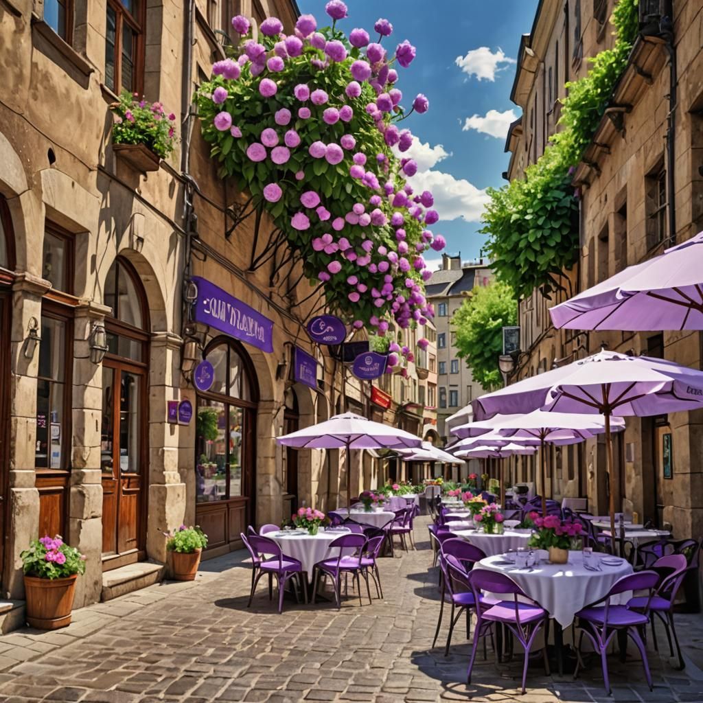 Old european city street, round tables under white umbrellas, buckets ...