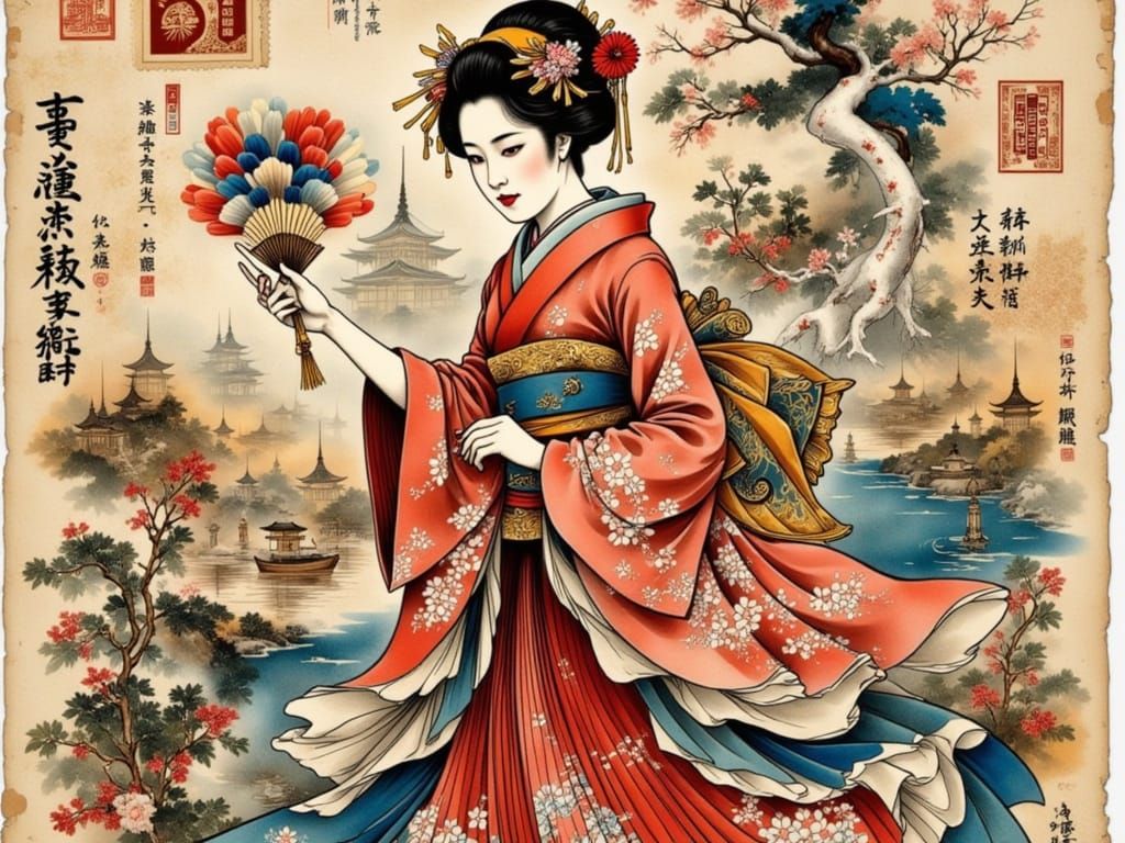 The central image of the Geisha is captured in a full-body action pose ...