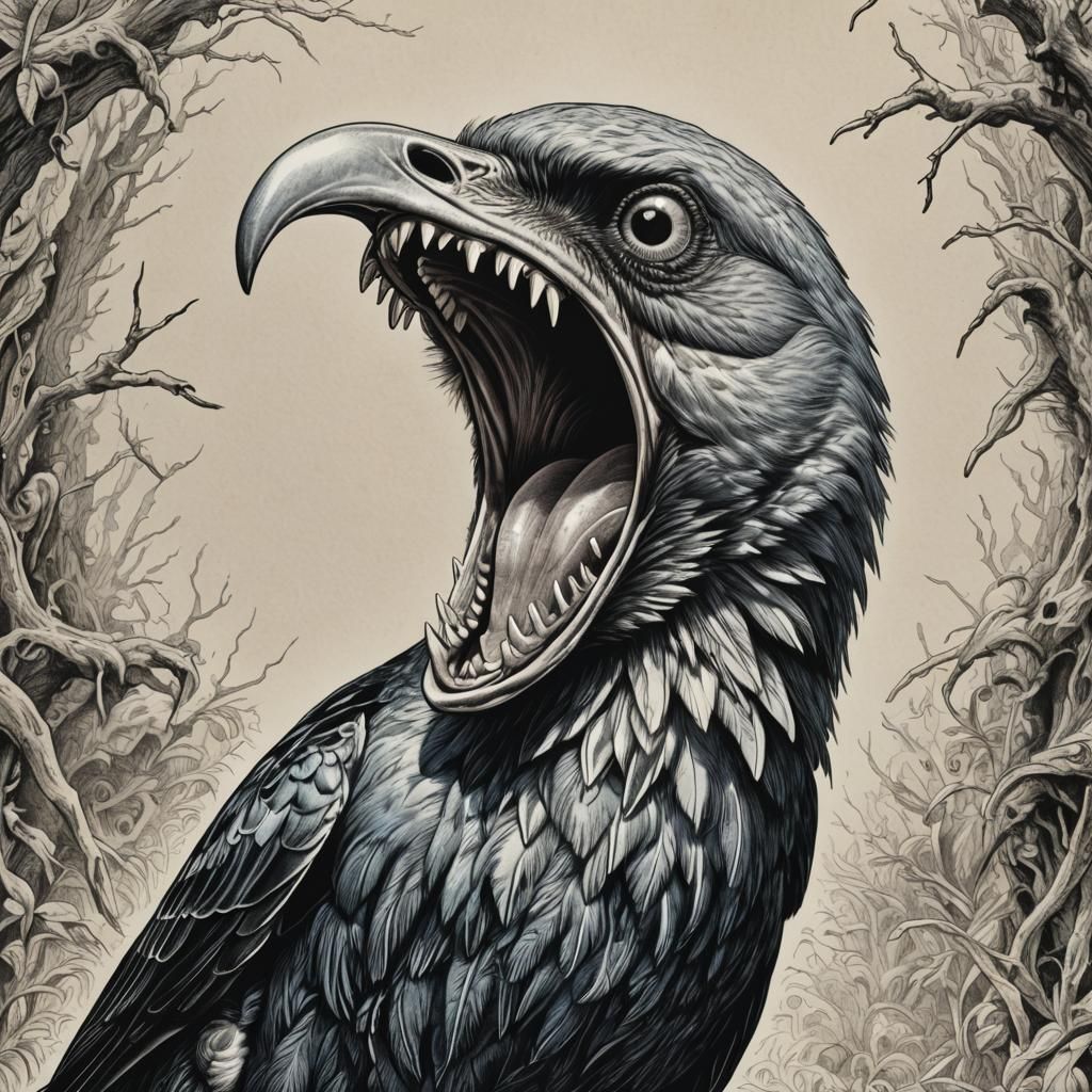An illustrative hyper-detailed drawing of a bird screaming with their ...