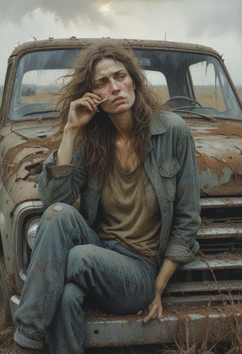 A disheveled woman with tangled hair and worn, earth-toned clothing ...