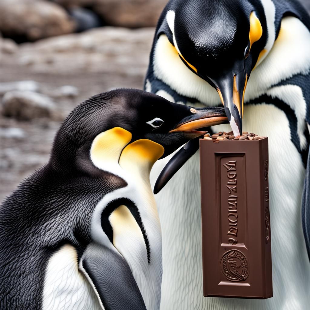 Penguin chocolate bar being eaten by an emperor penguin - AI Generated ...