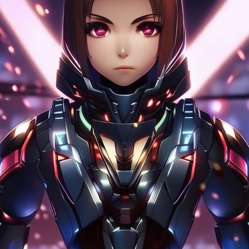 Hyper detailed photorealistic art of mecha girl, cute face, brown eyes ...