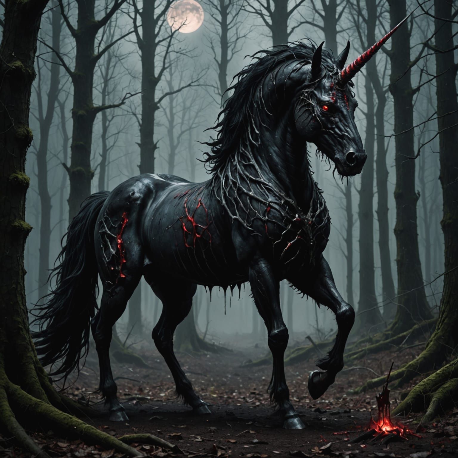 POV: Realistic Unicorn - Shadow Unicorn in Dark Forest Moonl...