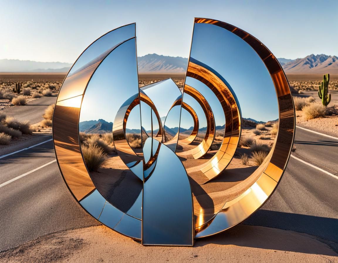 vertical mirrors land art installation on a desert road golden hour ...