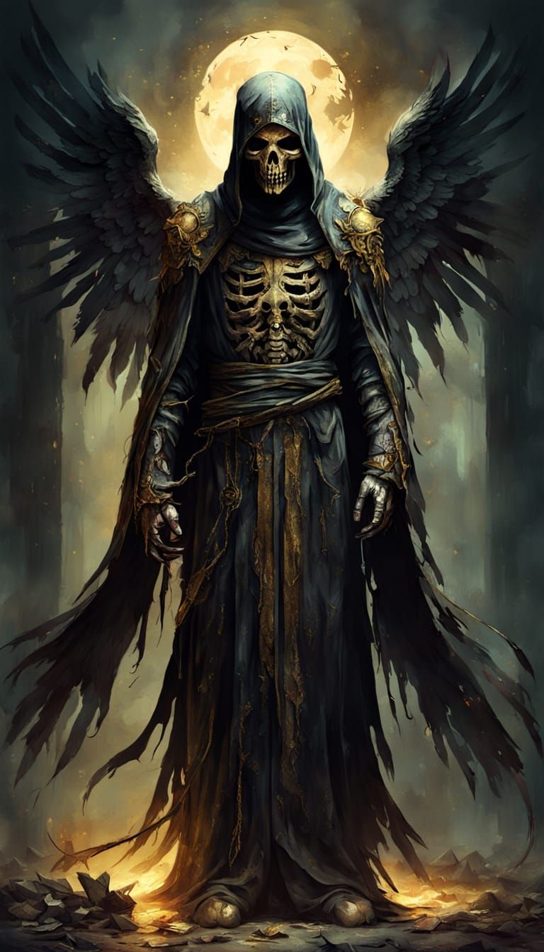 A blindfolded angel of death full body shot in soft warm colors and ...
