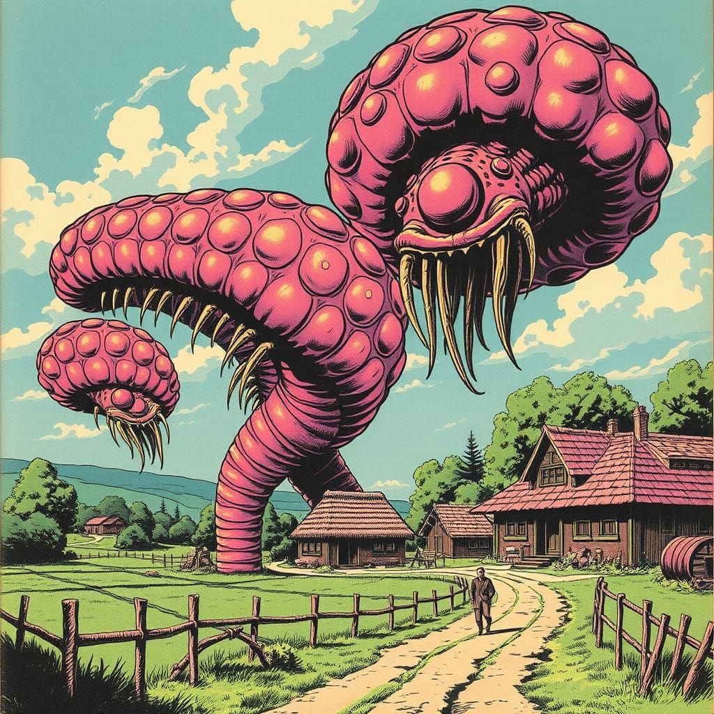 Cybernetic Gastropods Invade Retro Horror Village - AI Art