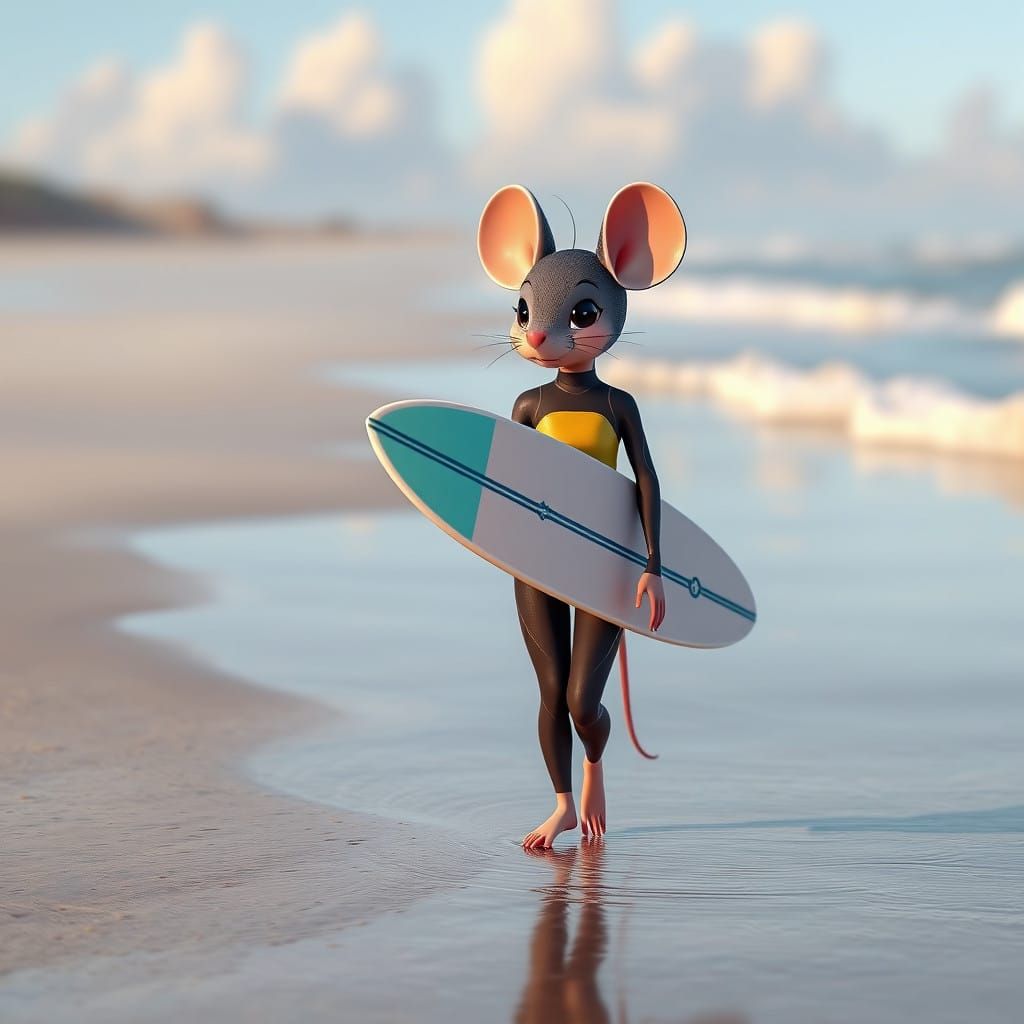 Surfer Mouse Goddess Walks the Beach in Anime Styl... - AI Art