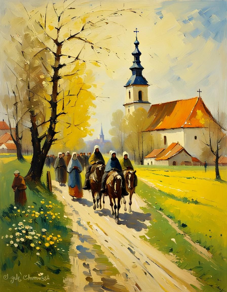Religious procession walks from church, gouache 2 - AI Generated ...