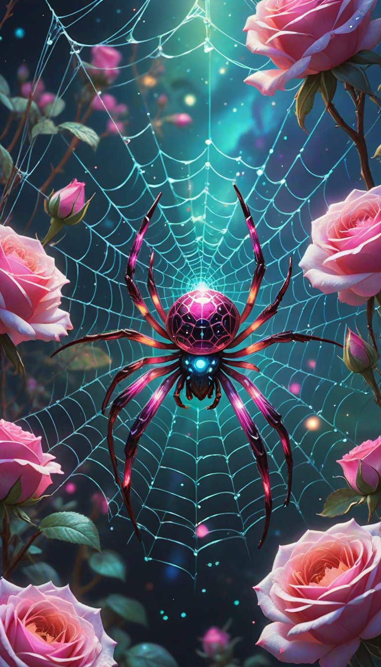 Cosmic Jeweled Spider in Vibrant, Iridescent Web - AI Art