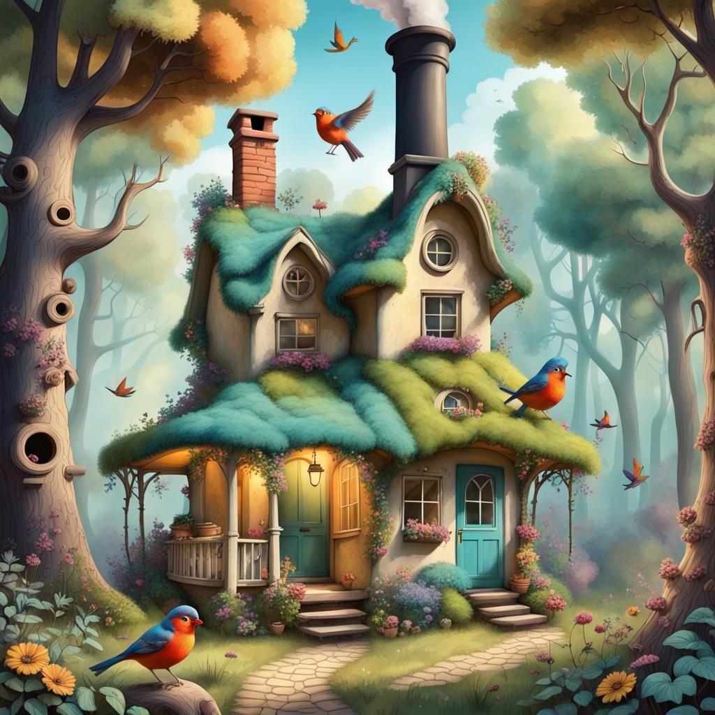 A magic cottage in a cheerful wood. Cute birds and woodland creatures ...