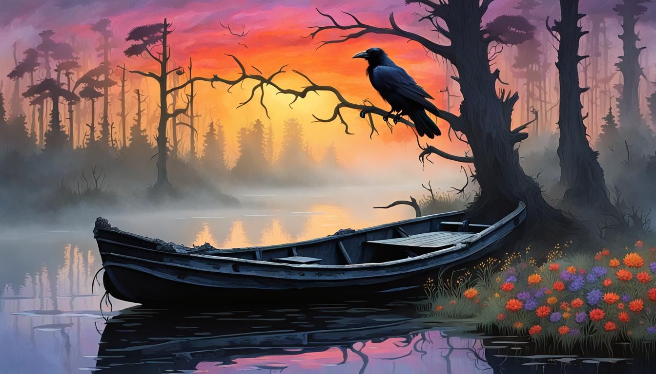 Majestic Raven Over a Haunting Swamp Scene - AI Art